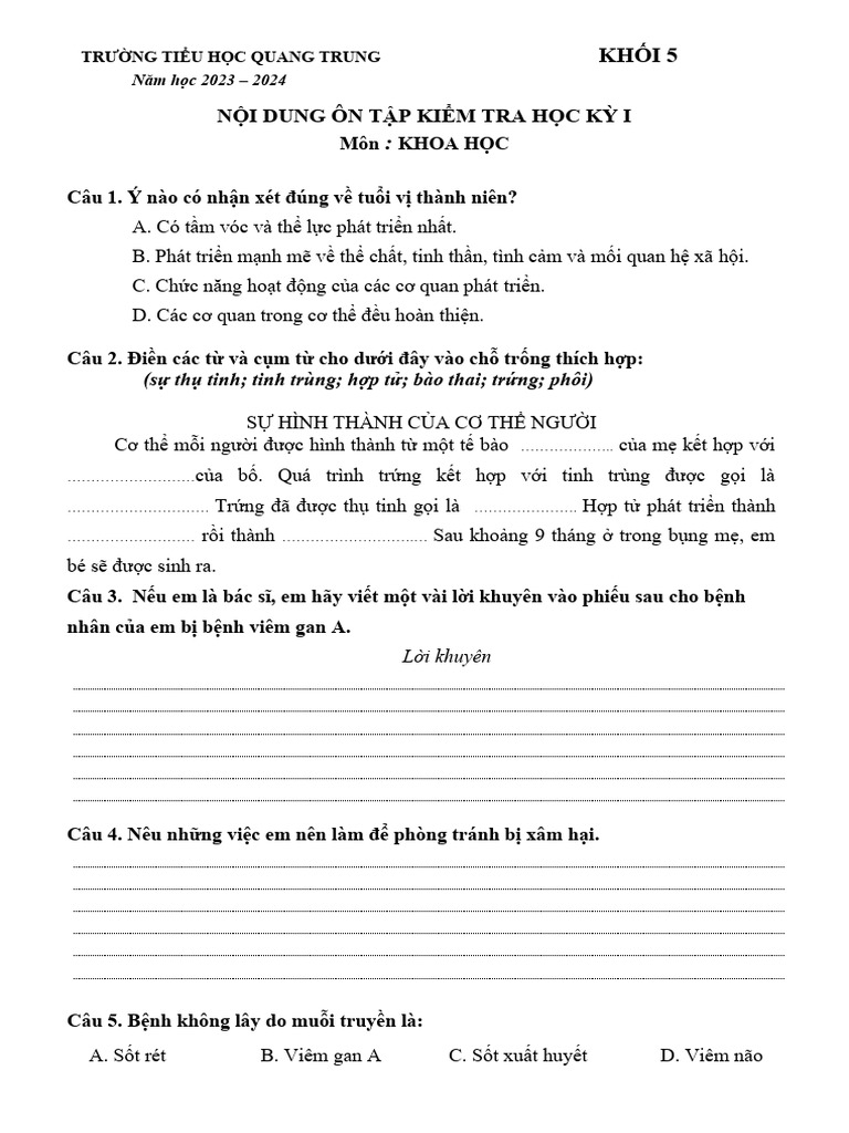 Đề Cương Khoa HK1 - 23-24 | PDF