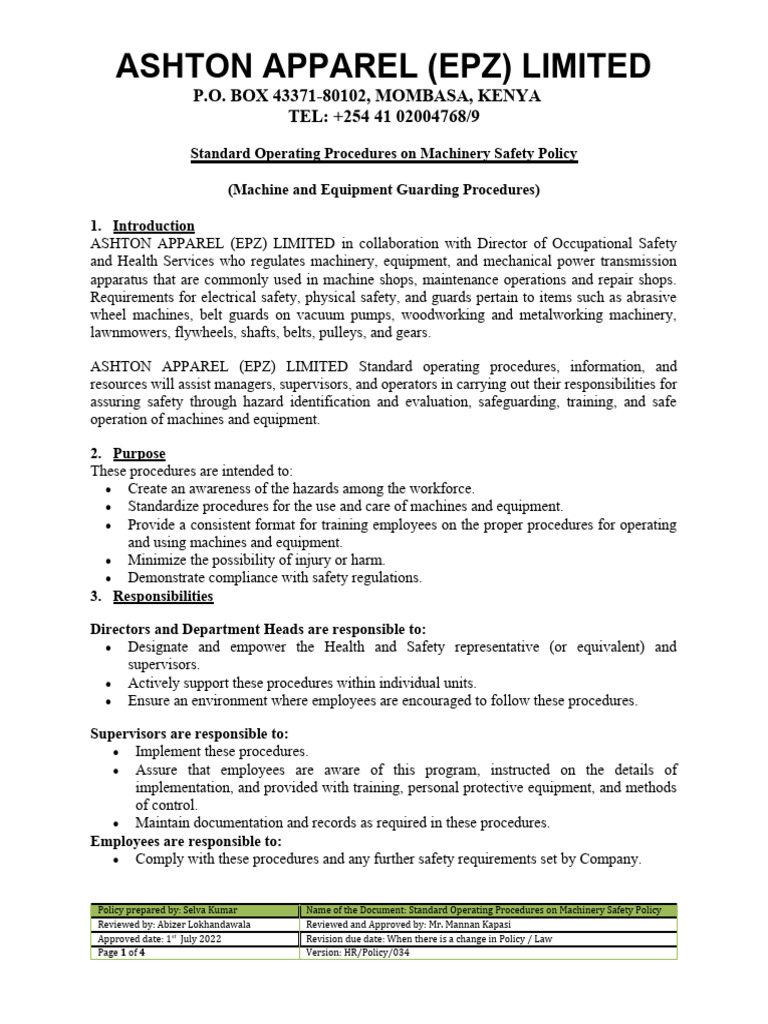 No. 034 - As SOP On Machinery Safety | PDF | Occupational Safety And ...