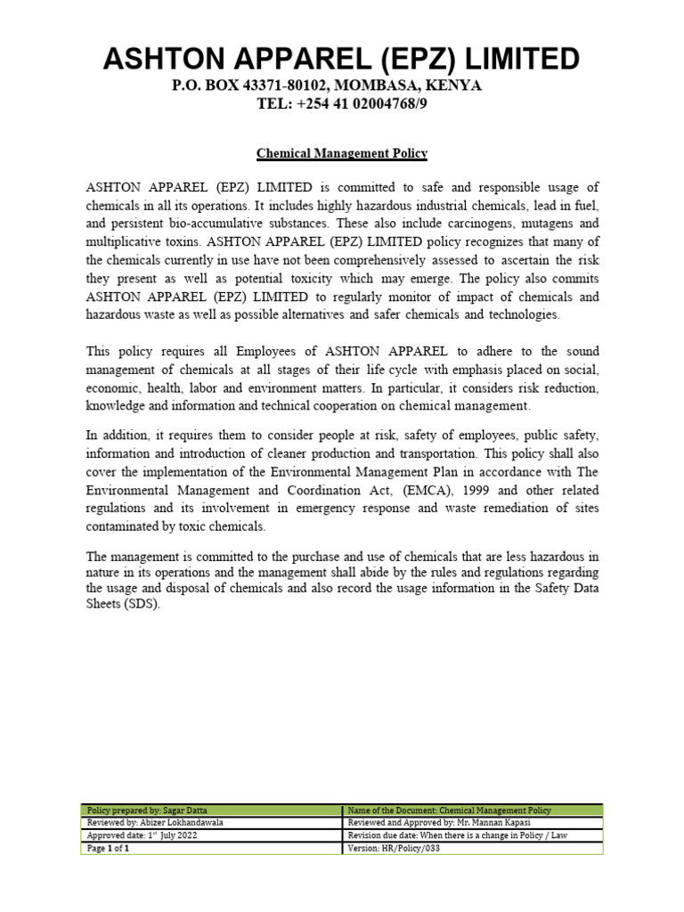 No. 033 - As Chemical Management Policy | PDF | Self-Improvement