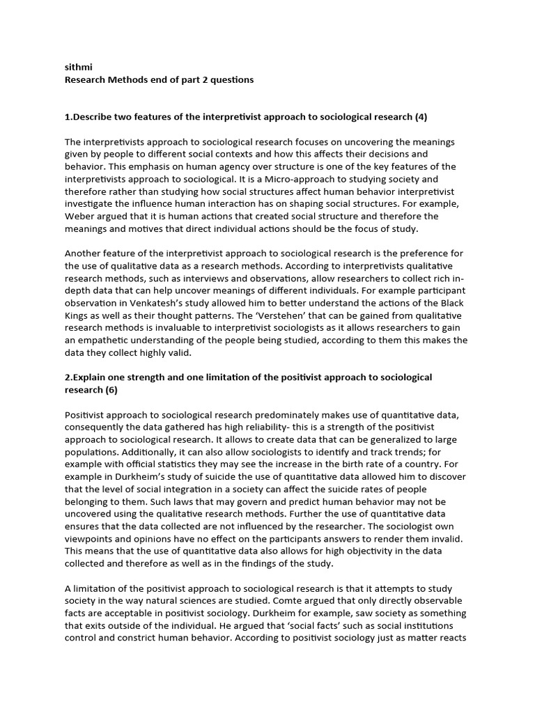 Research Methods End of Part 2 Questions Cambridge Sociology 9699 | PDF ...