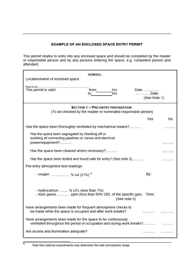 Enclosed Space Entry Permit Example | PDF | Safety | Underwater Diving