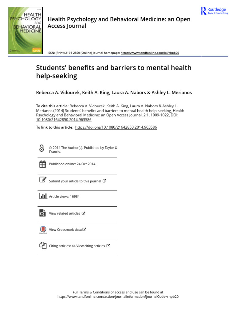Students Benefits and Barriers To Mental Health Help-Seeking | PDF | Mental Disorder | Social Stigma