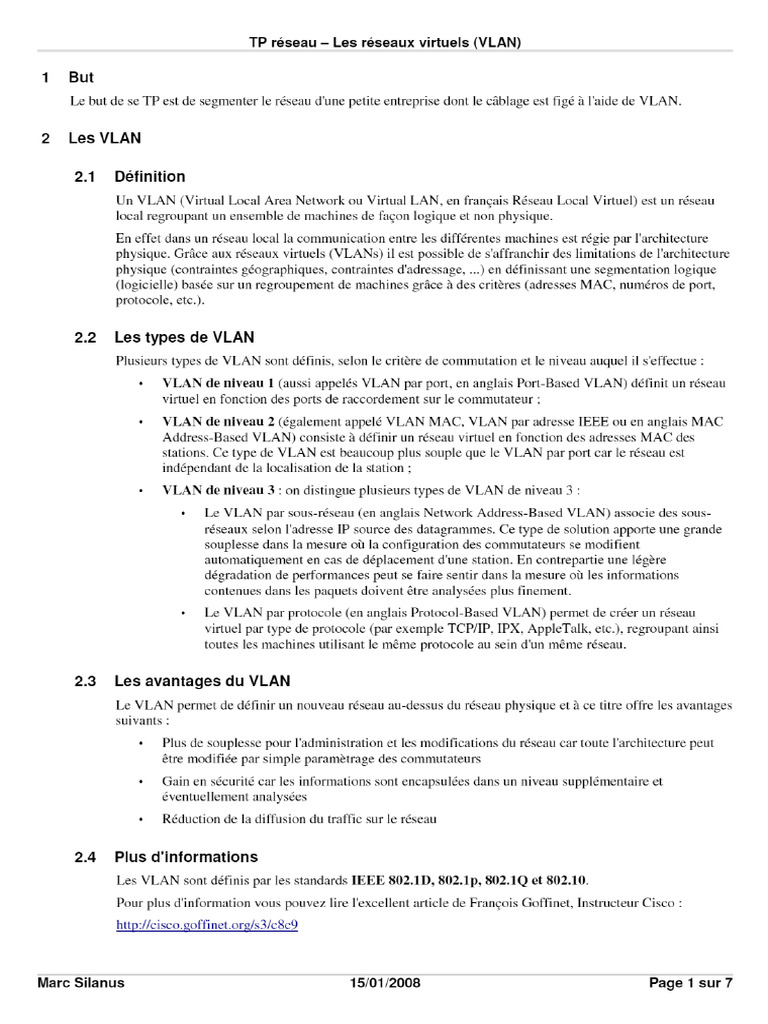 TP Réseau Les Réseaux Virtuels (VLAN) Le But de Se TP Est de Segmenter Le Réseau D'une Petite ...
