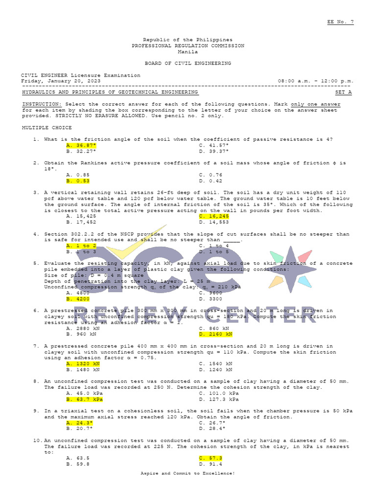 CE EVALUATION EXAM No. 7 - Soil Testing, Foundations, Retaining Wall ...