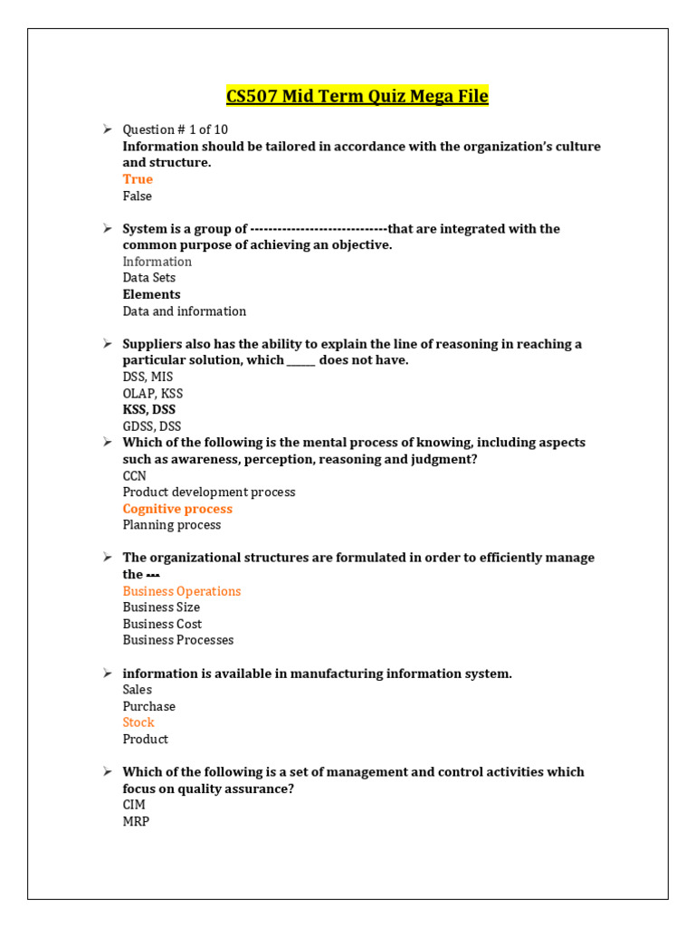 CS507 Mid Term Quiz Mega File PDF | PDF | Risk Management | Information