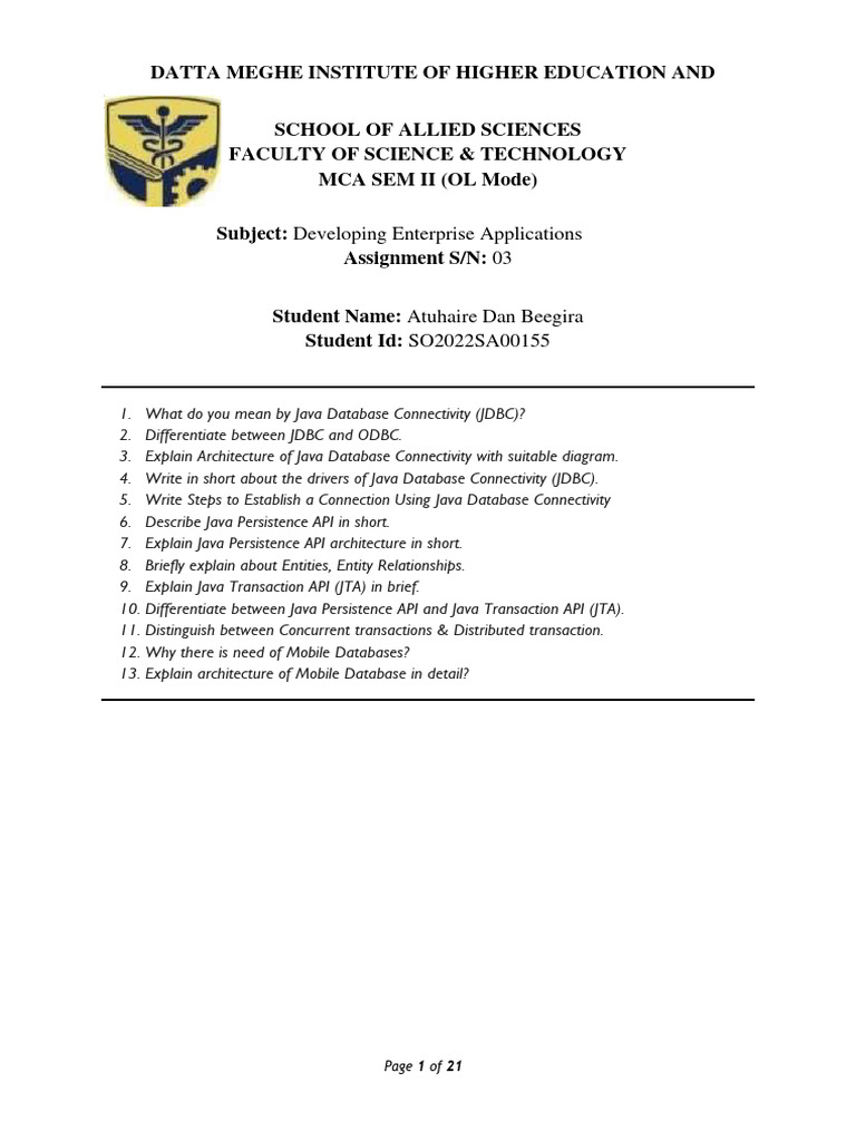 MCA II Developing Enterprise Application - Assignment 3 - Dan (Lite) - v1 | PDF | Databases | Data