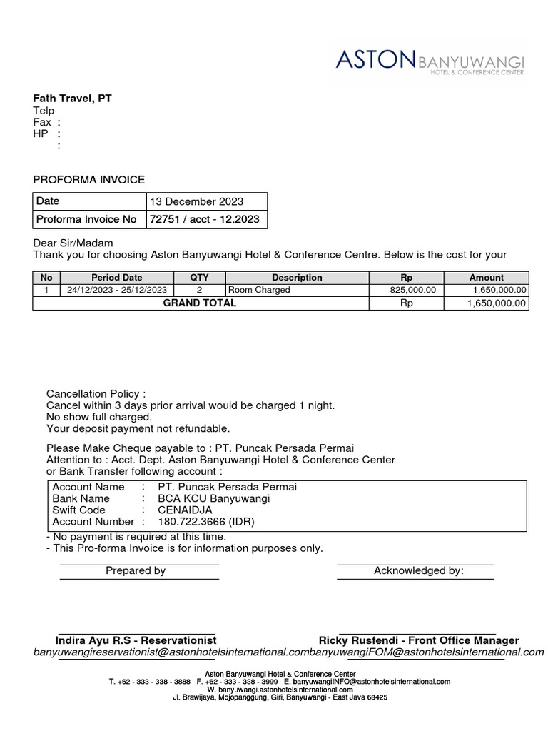 Proforma Invoice - PT Fath Travel 24 Des | PDF