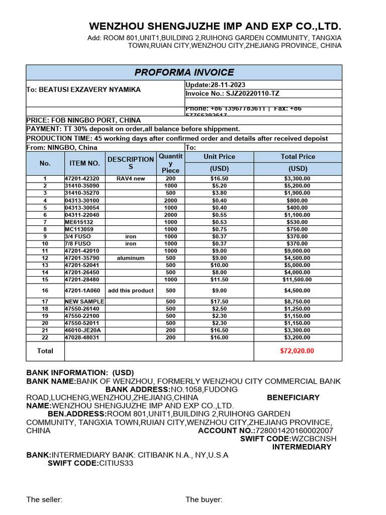 Proforma Invoice SJZ20220110-TZ | PDF | Invoice | Financial Services