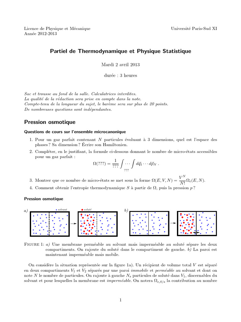 Partiel Phys Stat 2013 | PDF | Osmose | Physique
