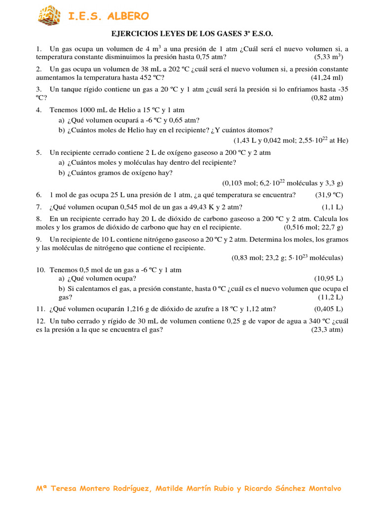 EJERCICIOS LEYES DE LOS GASES 3º ESO | PDF | Gases | Mole (Unidad)