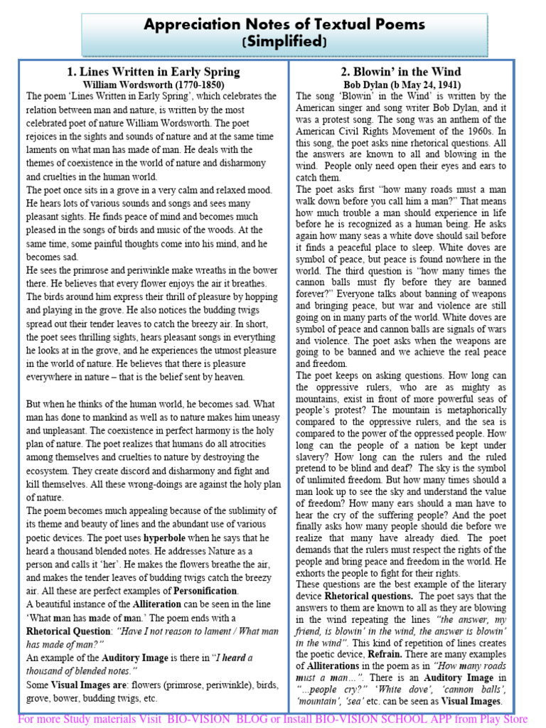 BIO-VISION - SSLC ENGLIS Appreciation Notes of Poems - Simplified | PDF ...