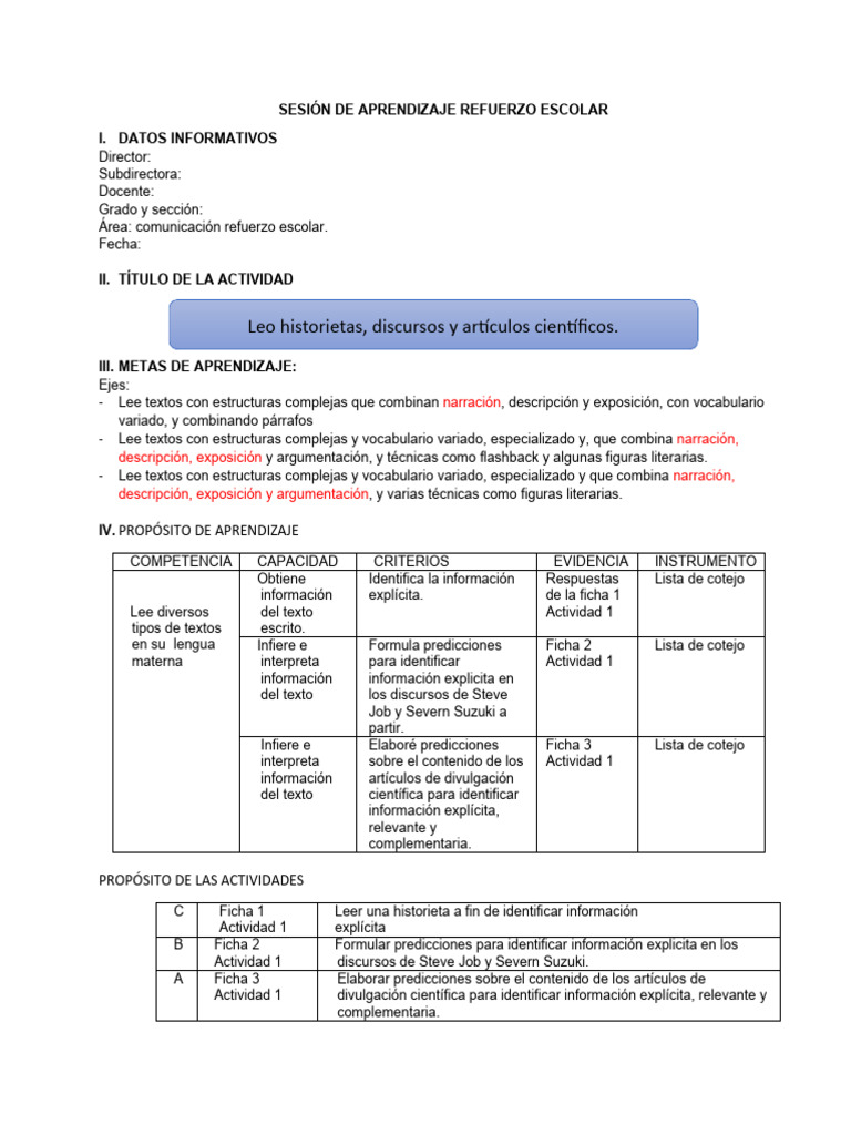 Sesión de Aprendizaje Refuerzo Escolar | PDF | Comunicación humana | Ciencia cognitiva