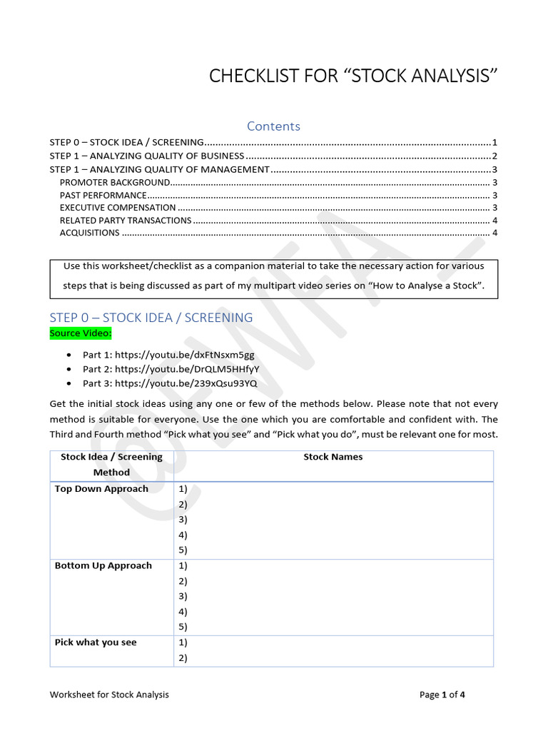 Stock Analysis Checklist Worksheet | PDF | Stocks | Cost Of Capital