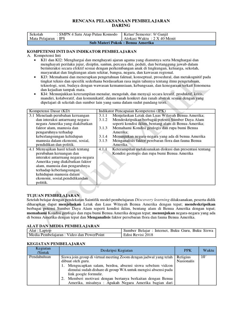 RPP Ips Kelas 9 Semester 1 Materi Benua Amerika | PDF