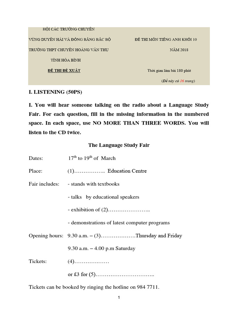 De Thi de Xuat Duyen Hai 2018 - Tieng Anh Lop 10 - Truong Hoàng Văn Thụ - Hòa Bình | PDF ...