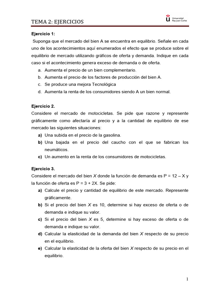 Tema 2. Ejercicios | PDF | Oferta (economía) | Mercado (economía)