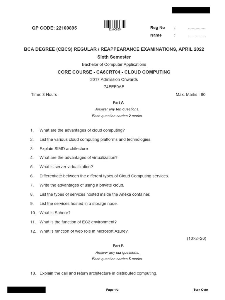 BCA Cloud Computing Exam April 2022 | PDF | Cloud Computing | Software Architecture