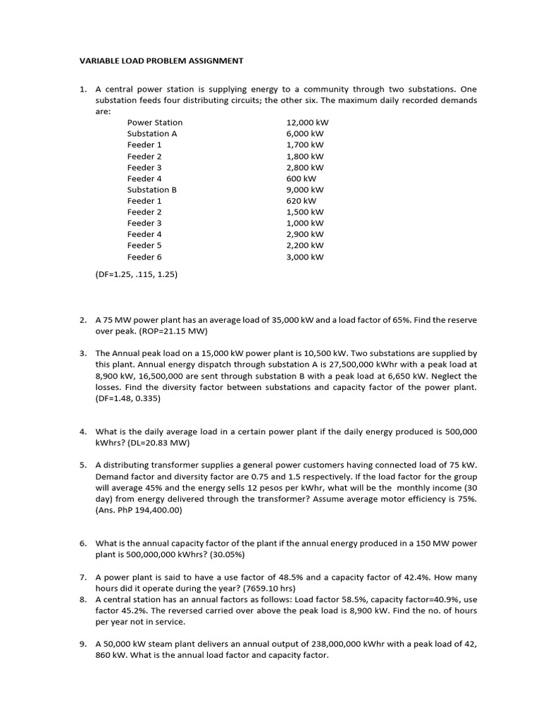 Variable Loads Problems Assignment | PDF | Power Station | Watt