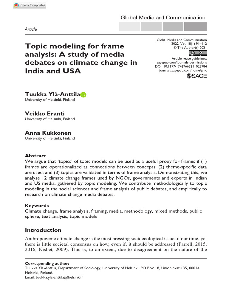 Yla Anttila Et Al 2021 Topic Modeling For Frame Analysis A Study of ...