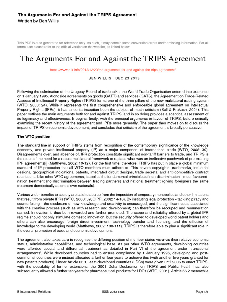 The-Arguments-For-and-Against-the-TRIPS-Agreement | PDF | Trips ...