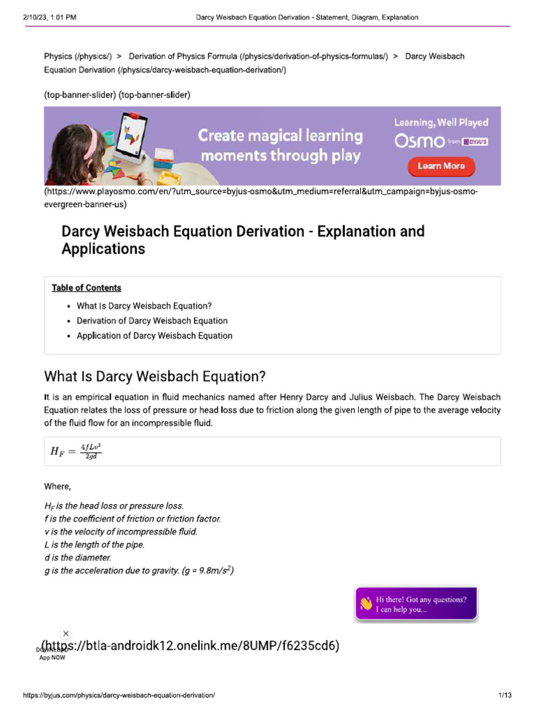 Darcy Weisbach Equation Derivation | PDF