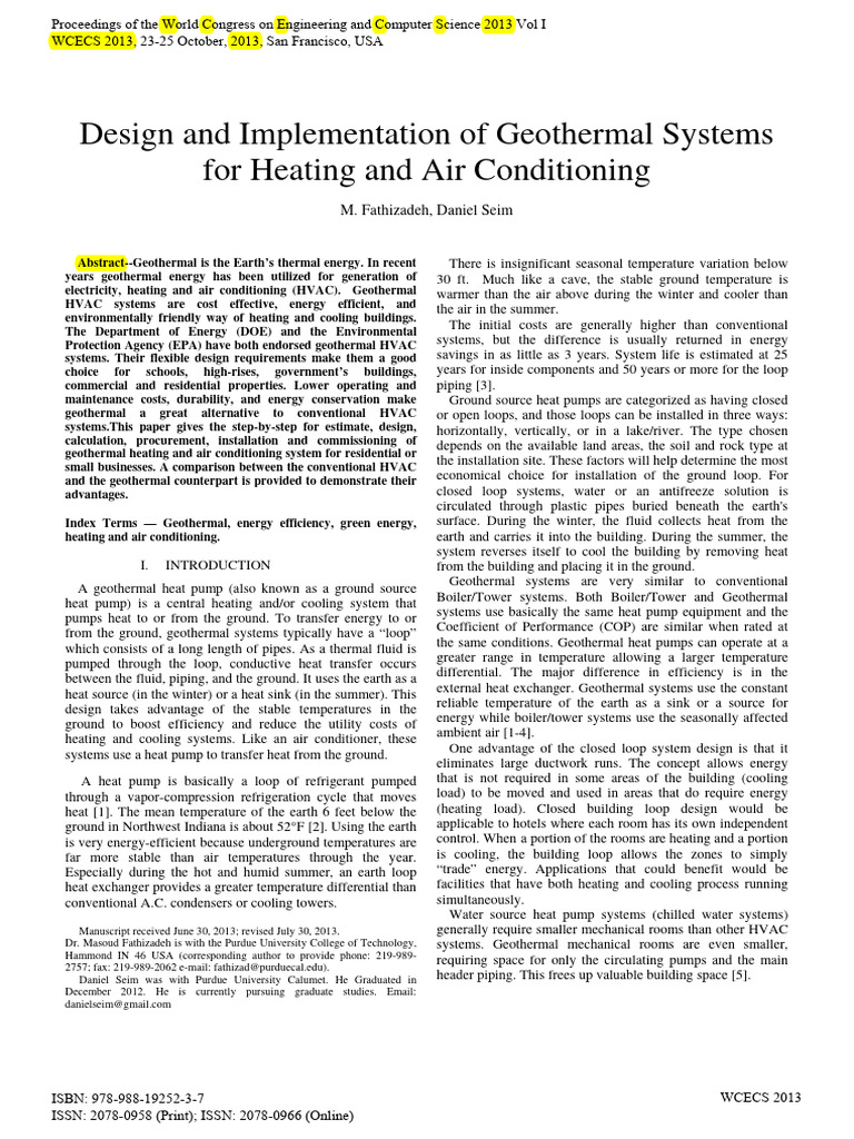 Design and Implementation of Geothermal Systems For Heating and Air Conditioning | PDF | Air ...