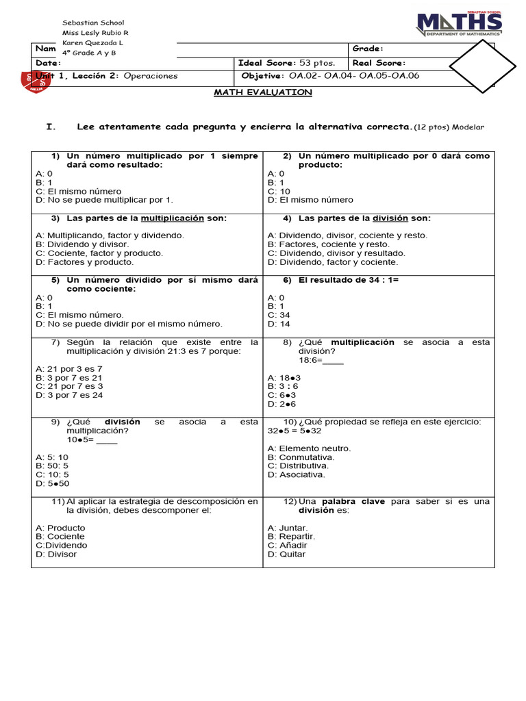Evaluacion 3 Math | PDF | División (Matemáticas) | Multiplicación