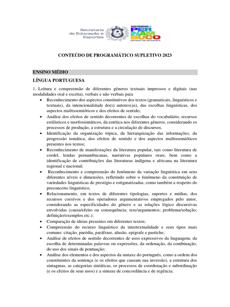 Conteudos Programaticos Exame Supletivo Ensino Medio | PDF | Química ...