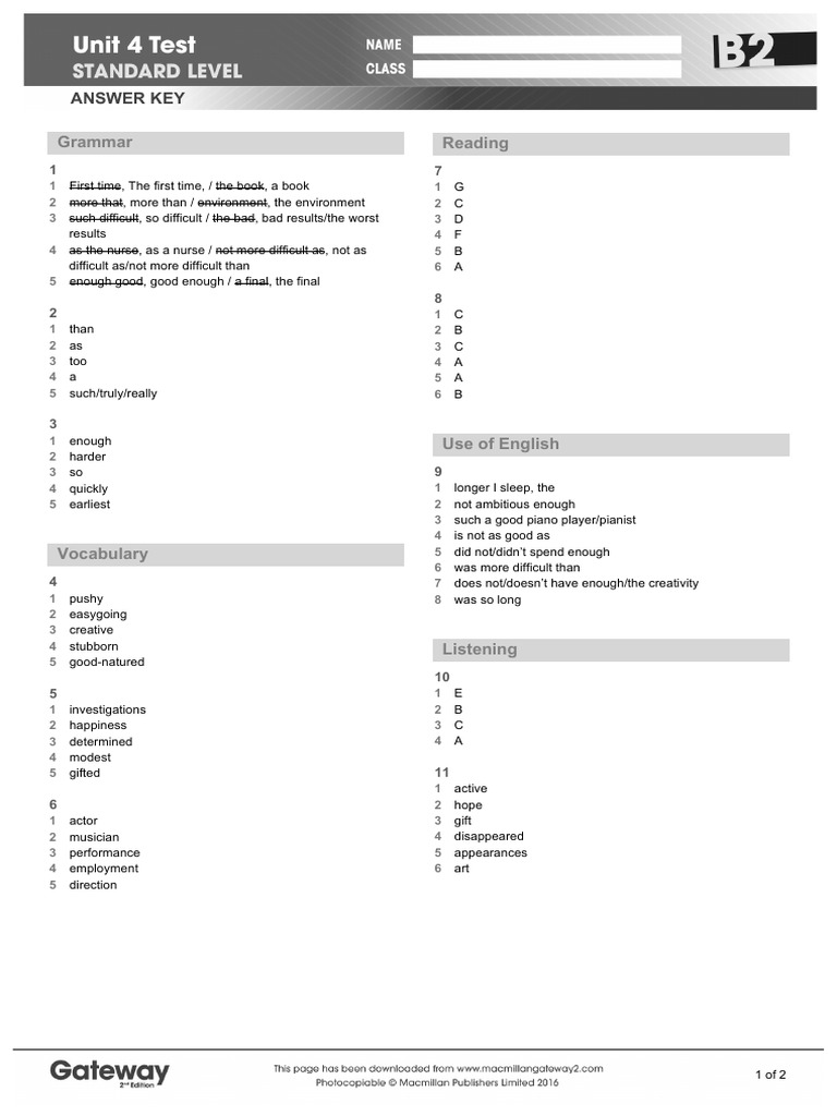 B2 UNIT 4 Test Answer Key Standard | PDF | Human Communication ...