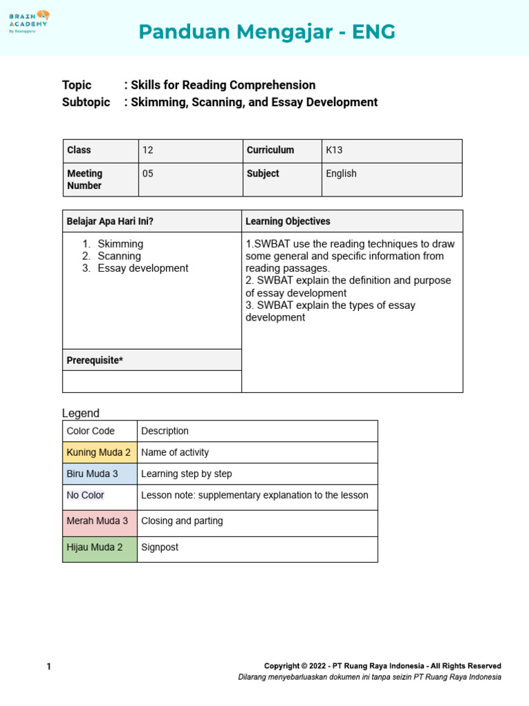 Topic: Skills For Reading Comprehension Subtopic: Skimming, Scanning ...