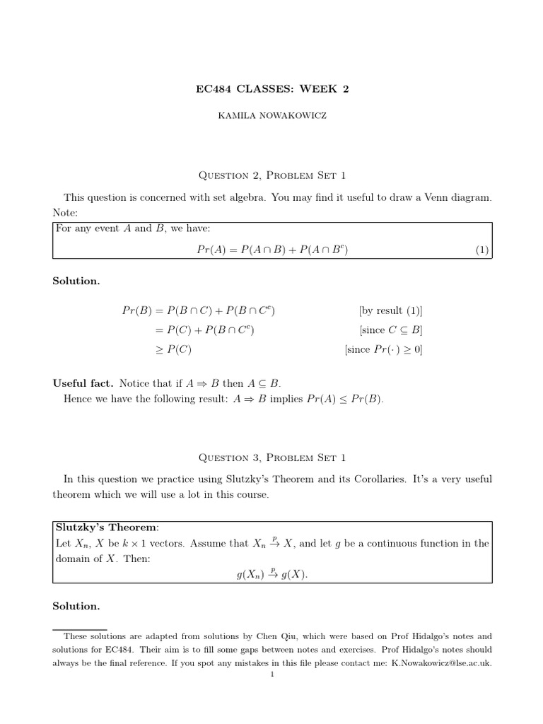 EC484 Week 2 Problem Set Solutions | PDF | Mathematical Analysis ...