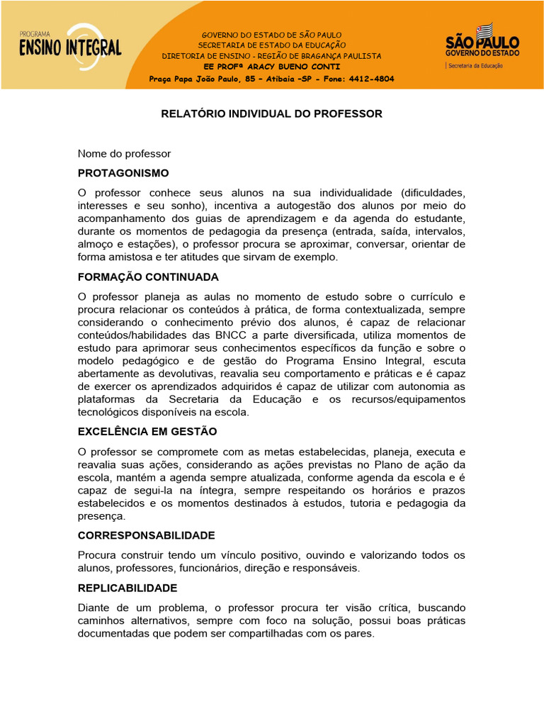 Relatório Do Professor | PDF