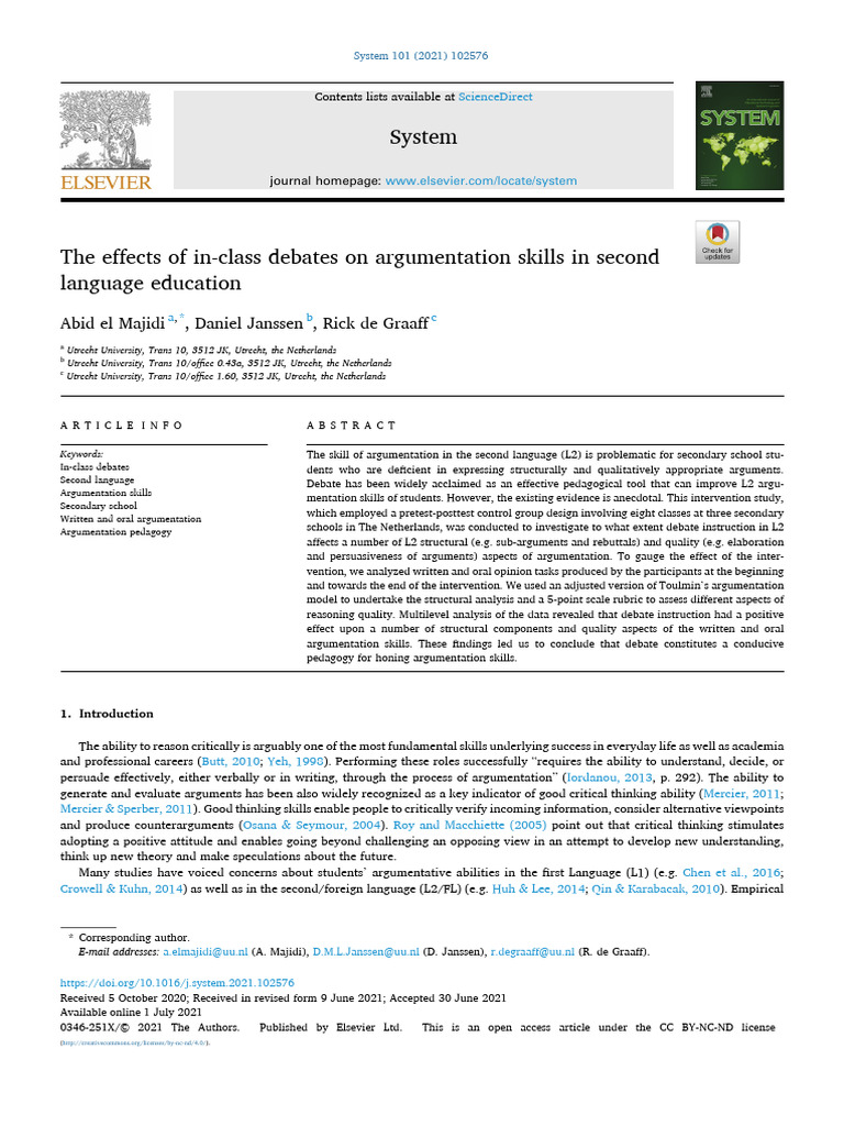 The Effects of In-Class Debates On Argumentation Skills in Second ...