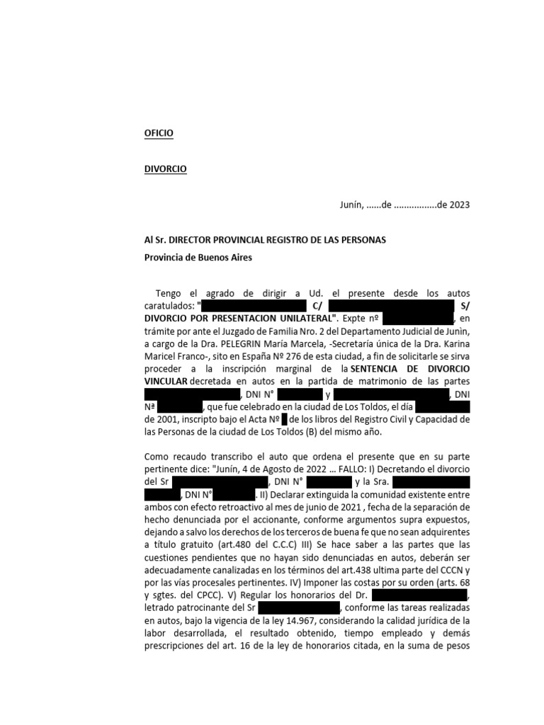 OFICIO DE INSCRIPCION DE DIVORCIO | PDF | Divorcio | Justicia OFICIO DE INSCRIPCION DE DIVORCIO | PDF | Divorcio | Justicia