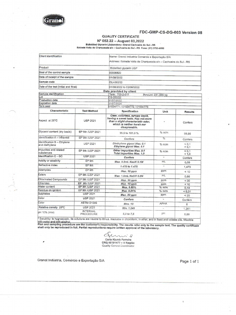 Certificado de Analisis de Glicerina Usp | PDF