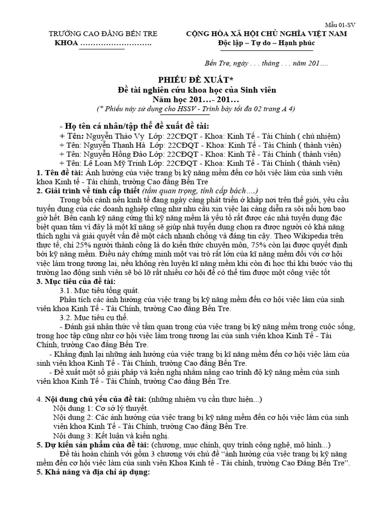 Mau 01-SV Phieu de Xuat de Tai NCKHSV | PDF