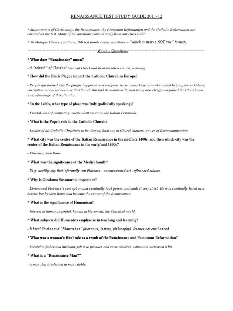 Renaissance and Reformation Study Guide | PDF | Renaissance | Catholic ...
