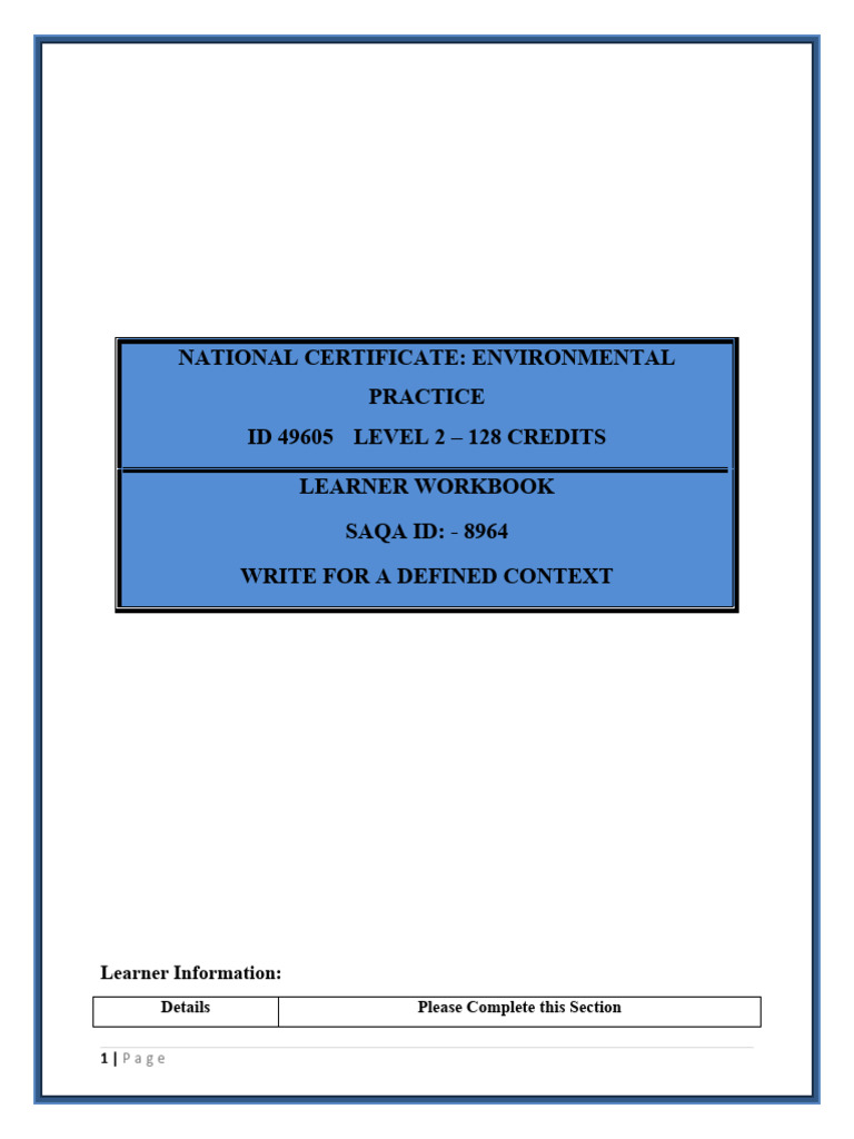 SAQA 8964 - Learner WorkBook | PDF | Learning | Cognitive Science