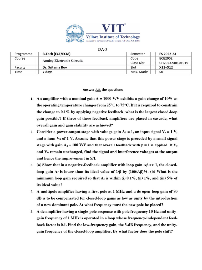 Programme: B.Tech (ECE/ECM) Semester: FS 2022-23 Course: Code: ECE2002 ...