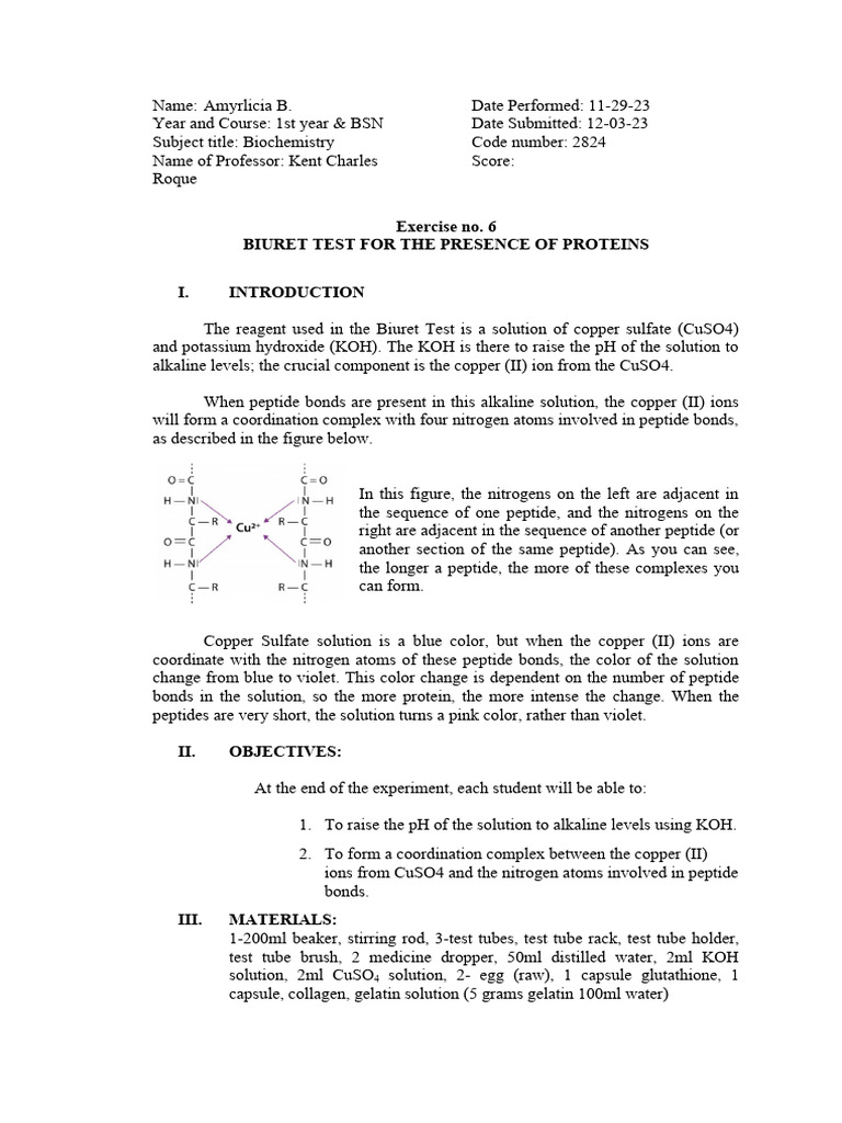Biuret Test for Protein Detection | PDF | Gelatin | Chemistry