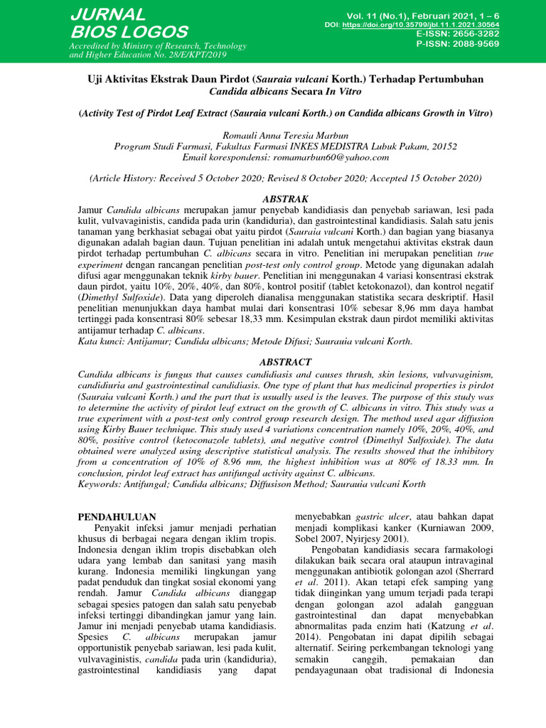 Aktivitas Antijamur Daun Pirdot terhadap C. albicans | PDF