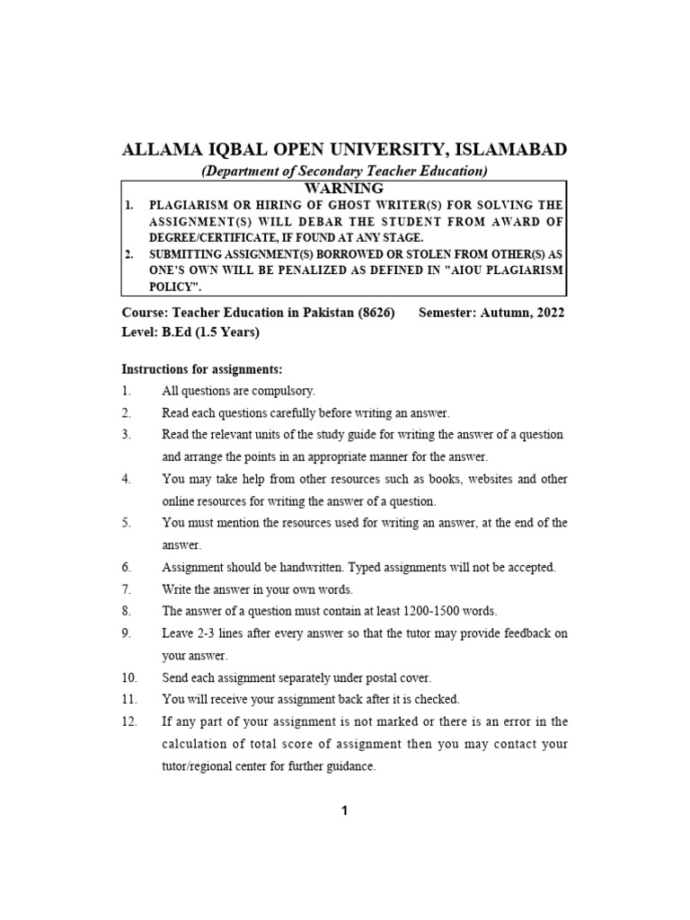 8626 Assignment QS | PDF | Teacher Education | Learning