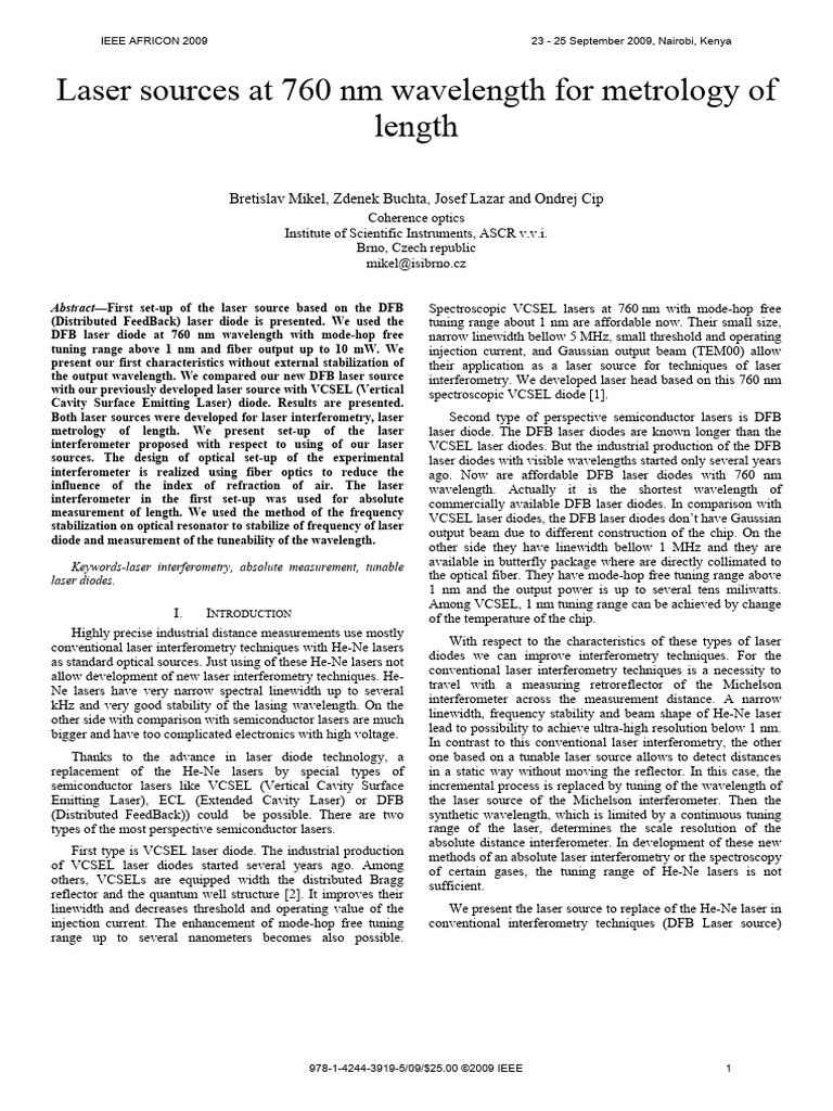 Laser Sources at 760 NM Wavelength For Metrology of Length: Bretislav ...