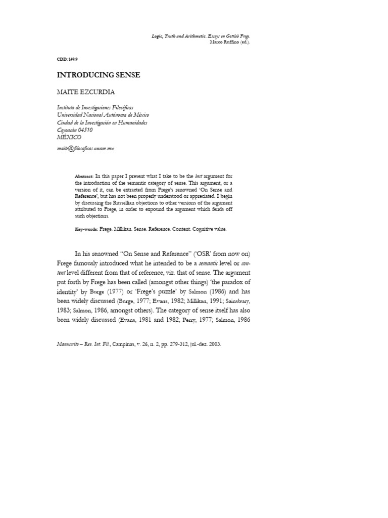 Ezcurdia - Introducing Sense (Frege) | PDF | Gottlob Frege | Logic