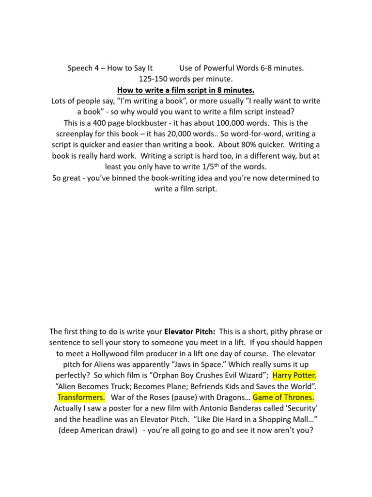 Toastmasters How To Say It - How To Write A Film Script in 8 Minutes | PDF