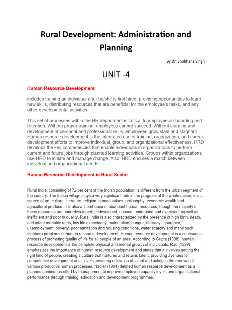 Rural Development - UNIT 4 | PDF | Human Resources | Economies