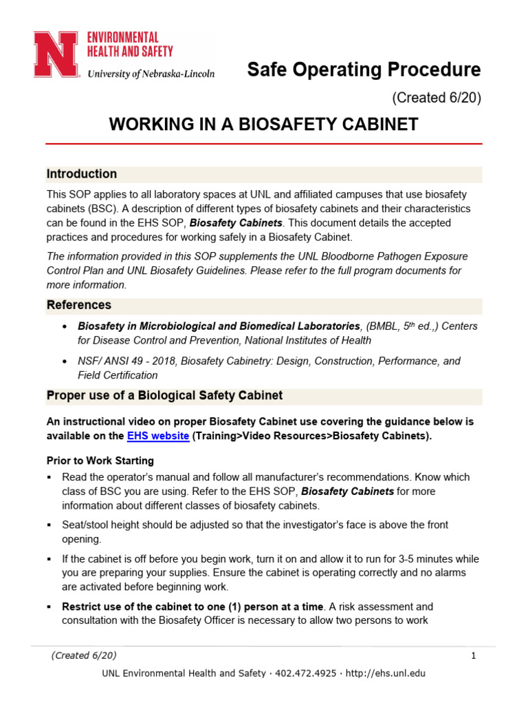 Biosafety Cabinet SOP for Safe Use | PDF | Ultraviolet | Safety