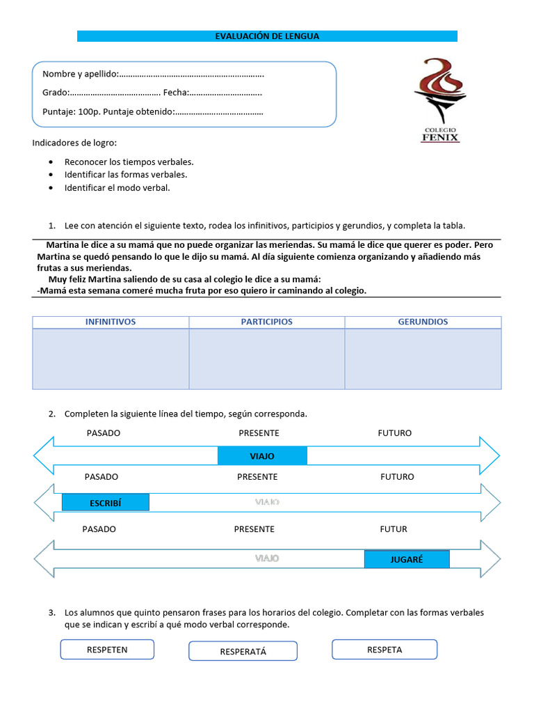 Evaluación de Lengua. (Verbos) - 045635 | PDF