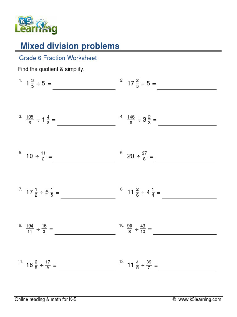 Grade 6 Fraction Worksheet - Mixed division problems | PDF