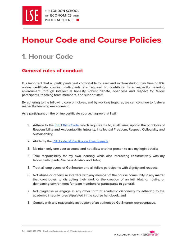 LSE Honour Code and Course Policies | PDF | Plagiarism | Non Disclosure ...